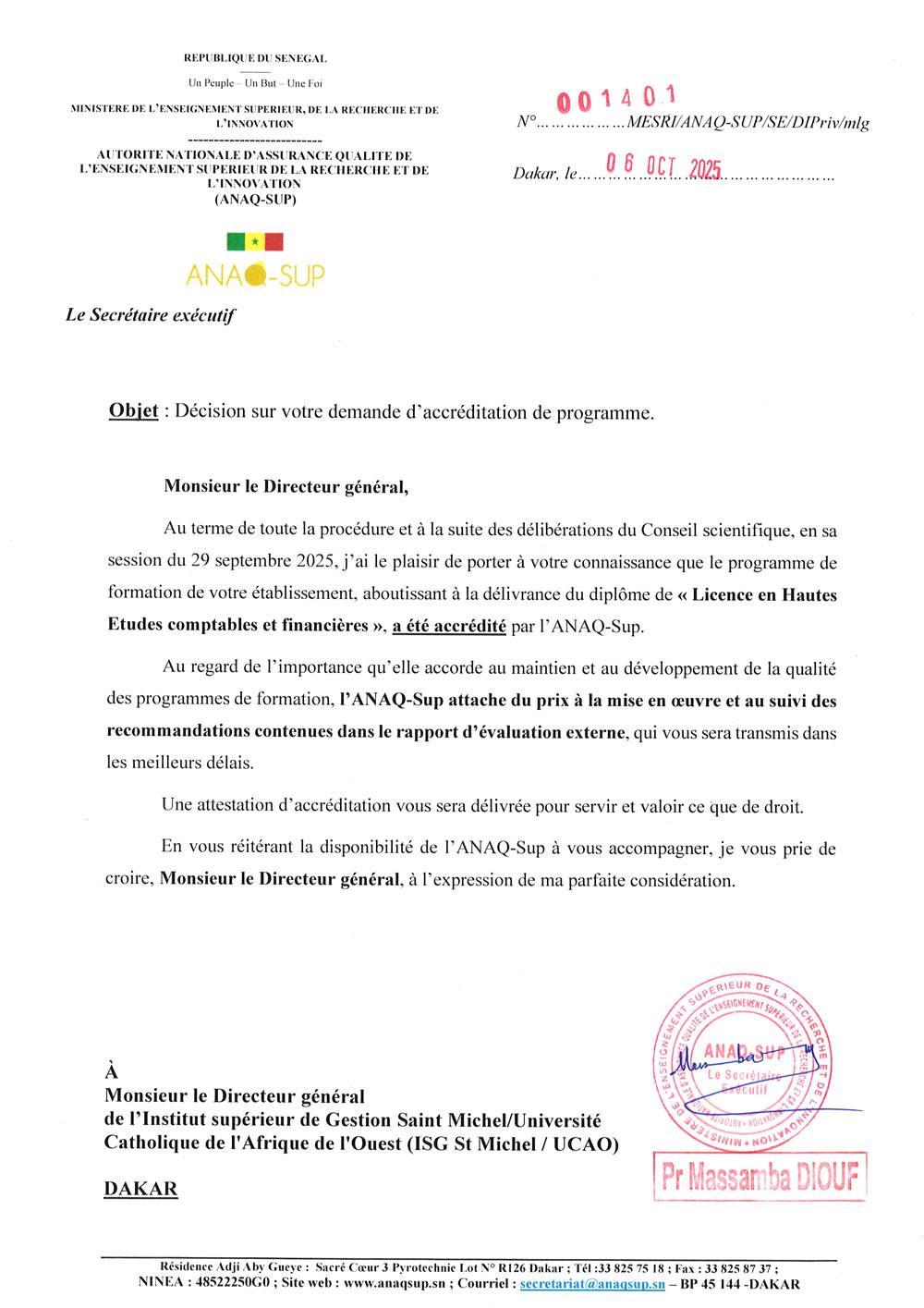 Accréditation de la Licence HECF par l’Anaq-Sup – UCAO Saint Michel